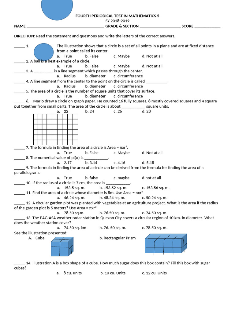 Fourth Periodical Test in Mathematics 5 | PDF
