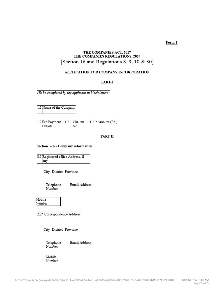 Form 1 APPLICATION FOR COMPANY INCORPORATION | PDF