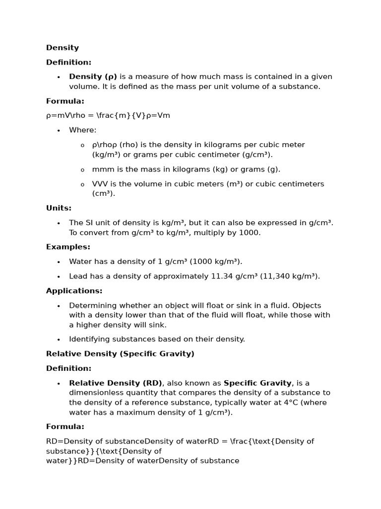 Density Summary Notes Pdf