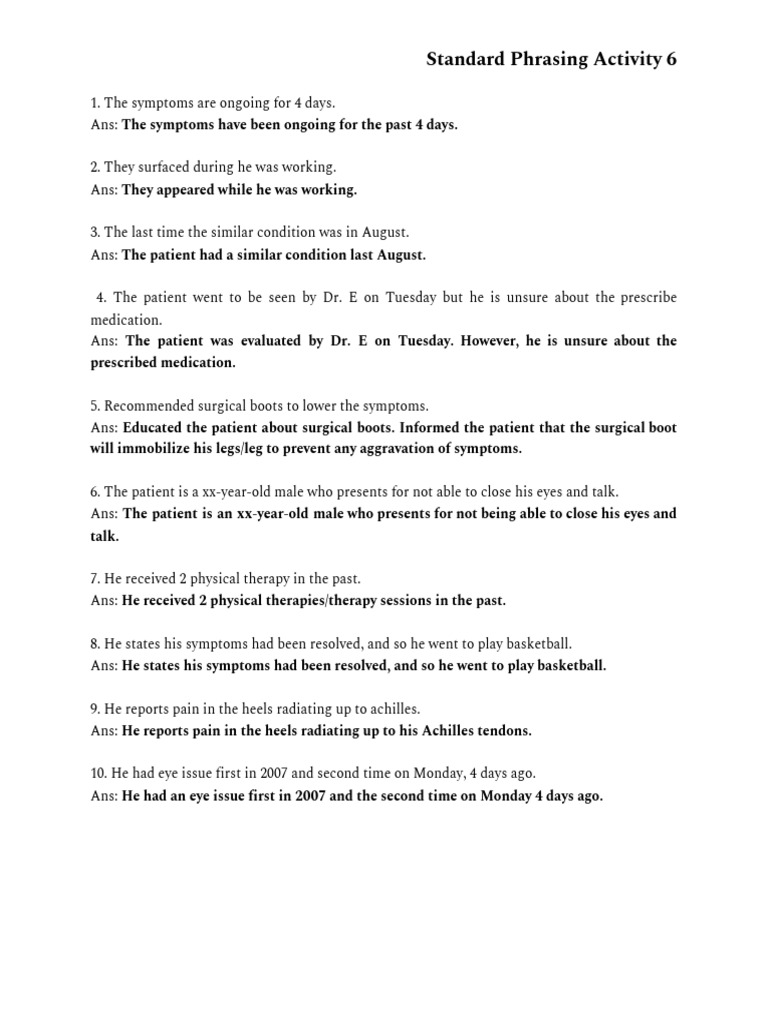 Answer Key For Standard Phrasing Activity 6 | PDF | Medicine | Wellness