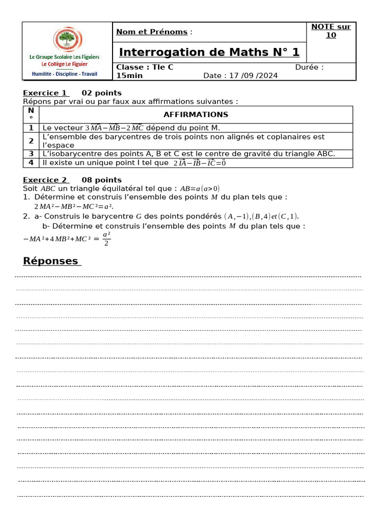 Interrogation Écrite 1 Tle C Sept 2024 | PDF