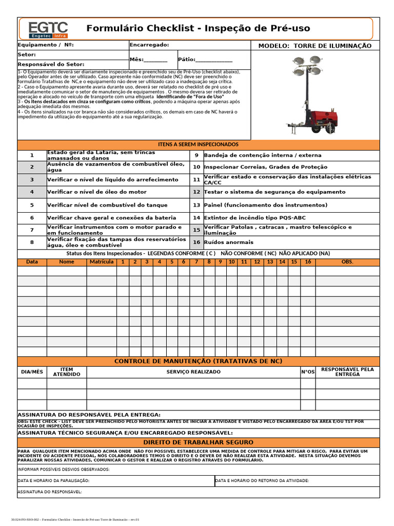 Formulário de Inspeção - Pré Uso - Torre de Iluminação | PDF