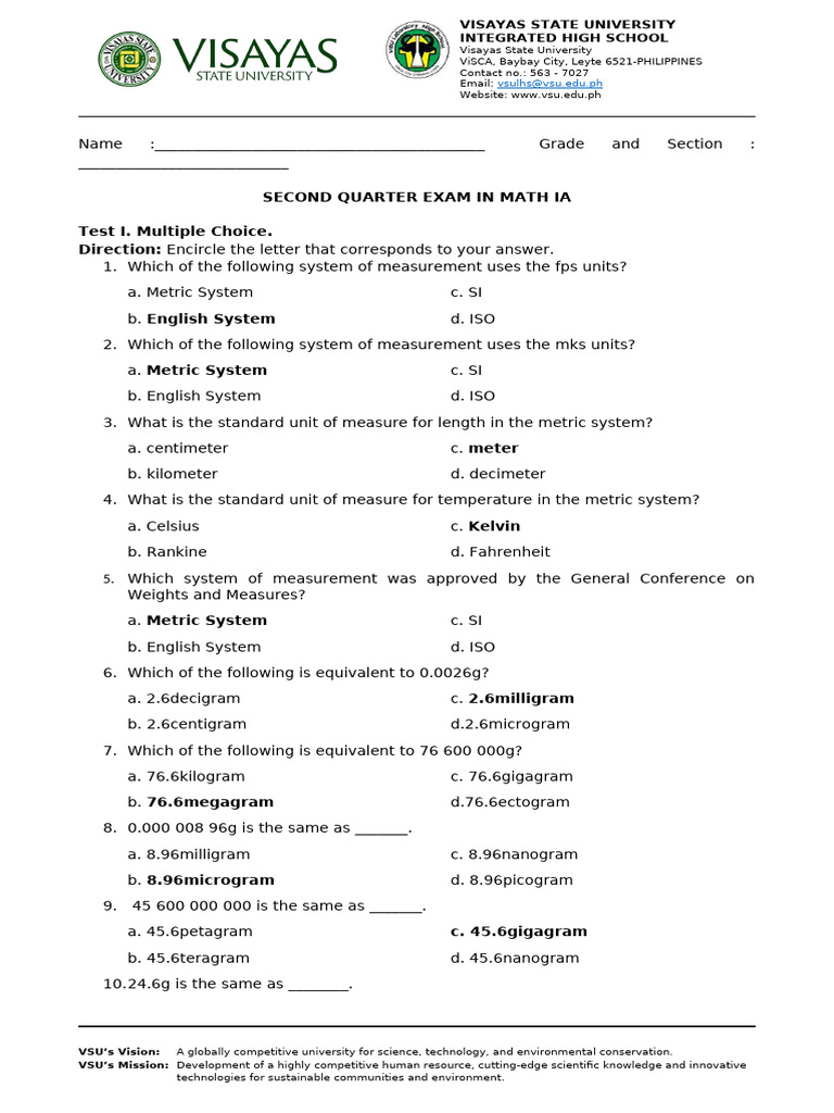 2q Math IA With Answers | PDF