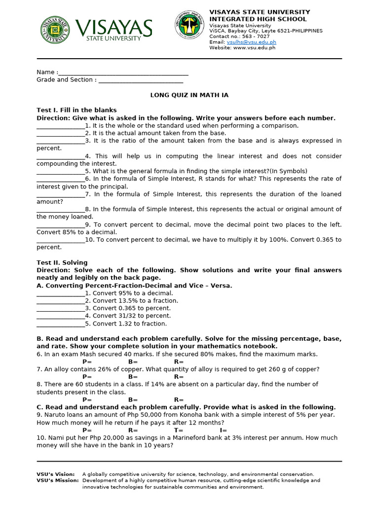 1LONG QUIZ Math-IB - 4TH-QUARTER | PDF