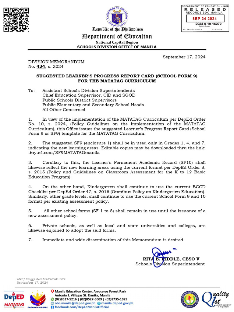 DM 424 S. 2024 SUGGESTED LEARNERS PROGRESS REPORT CARD SCHOOL FORM 9 FOR THE MATATAG CURRICULUM ...