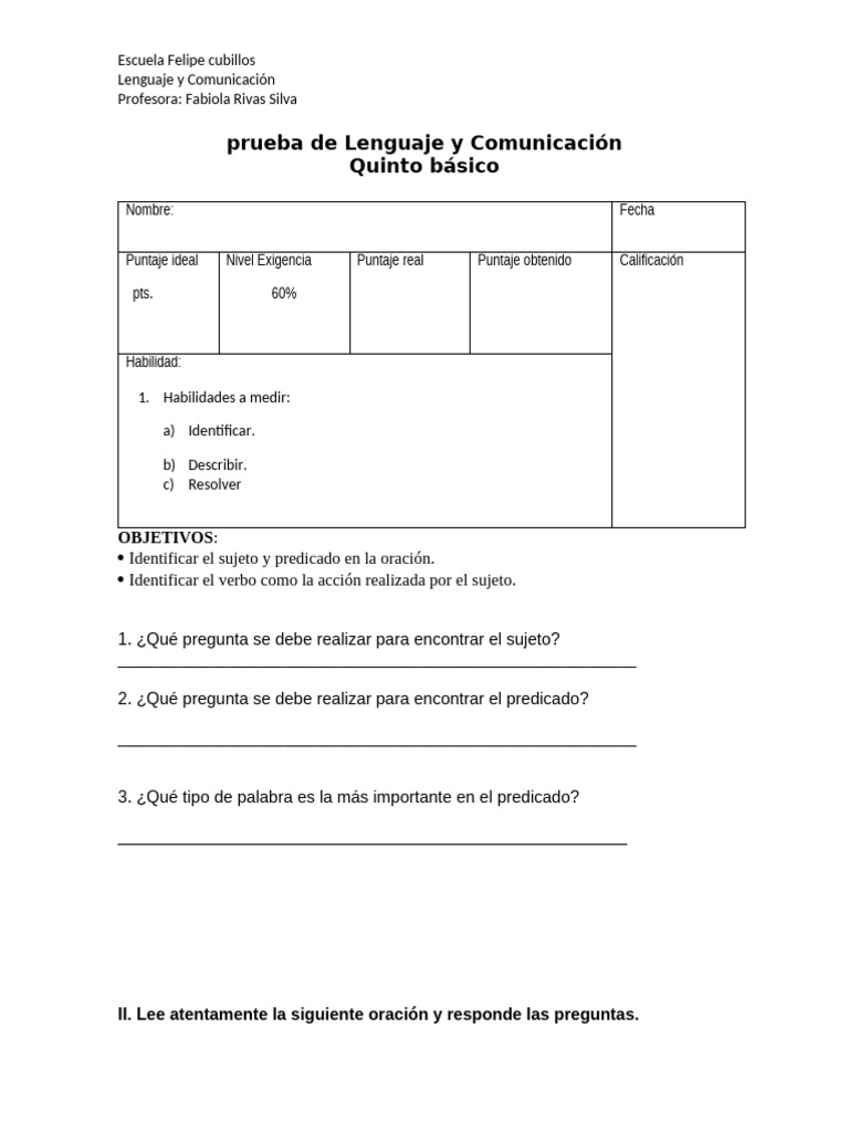 Prueba Sujeto y Predicado | PDF