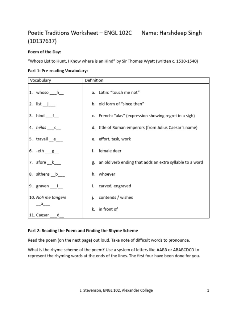 Poetic Traditions Worksheet 1 | PDF