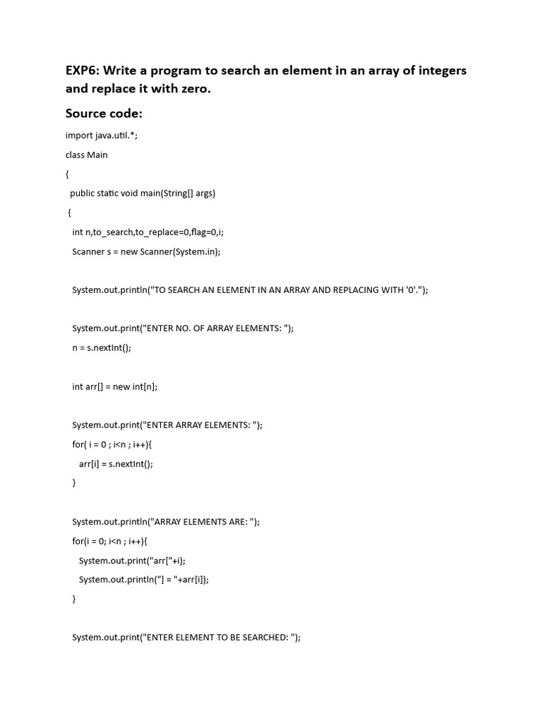 ARRAY IMPLEMENTATION IN JAVA (To Search An Element in An Array and Replace It With Zero) | PDF
