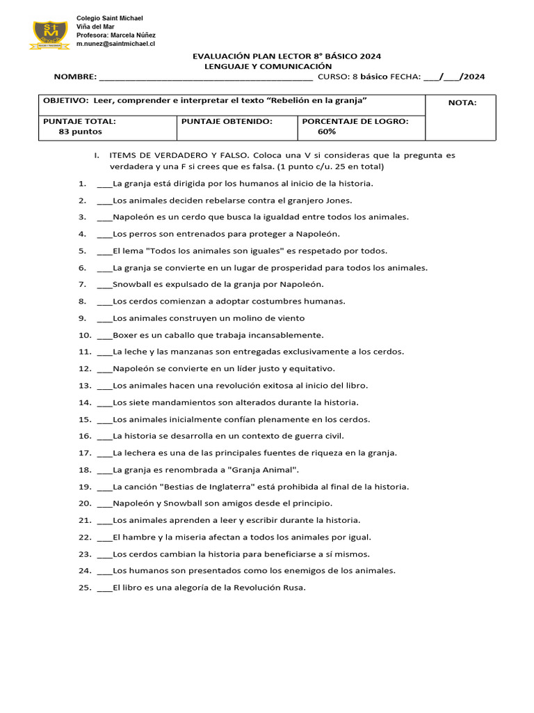 Evaluación Plan Lector 8 | PDF