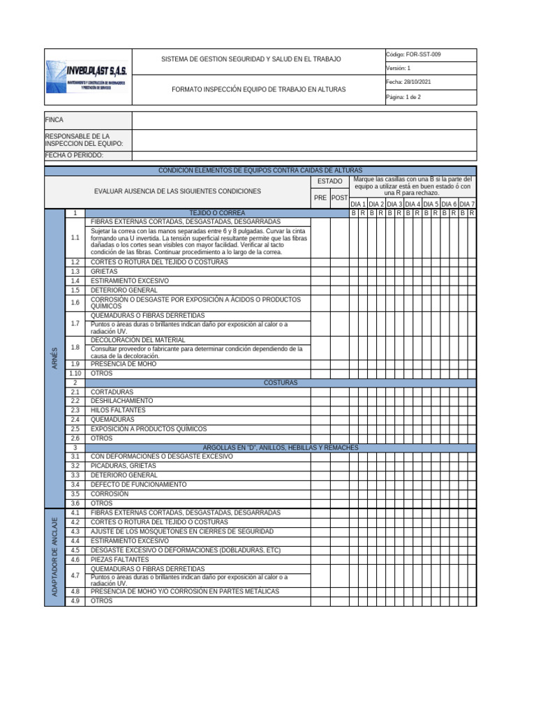 Formato Inspeccion Equipo de Trabajo en Alturas | PDF