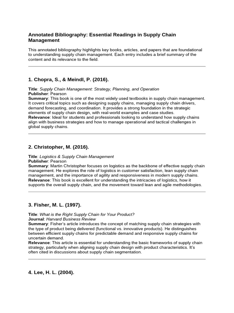 Annotated Bibliography - Essential Readings in Supply Chain Management | PDF