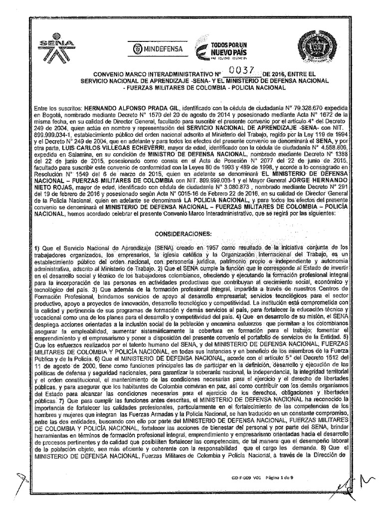 Convenio SENA - MDN 0037-2016 | PDF