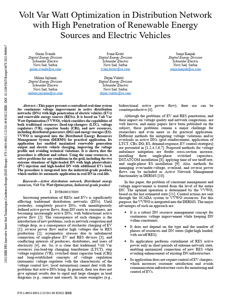 Volt Var Watt Optimization in Distribution Network With High Penetration of Renewable Energy ...