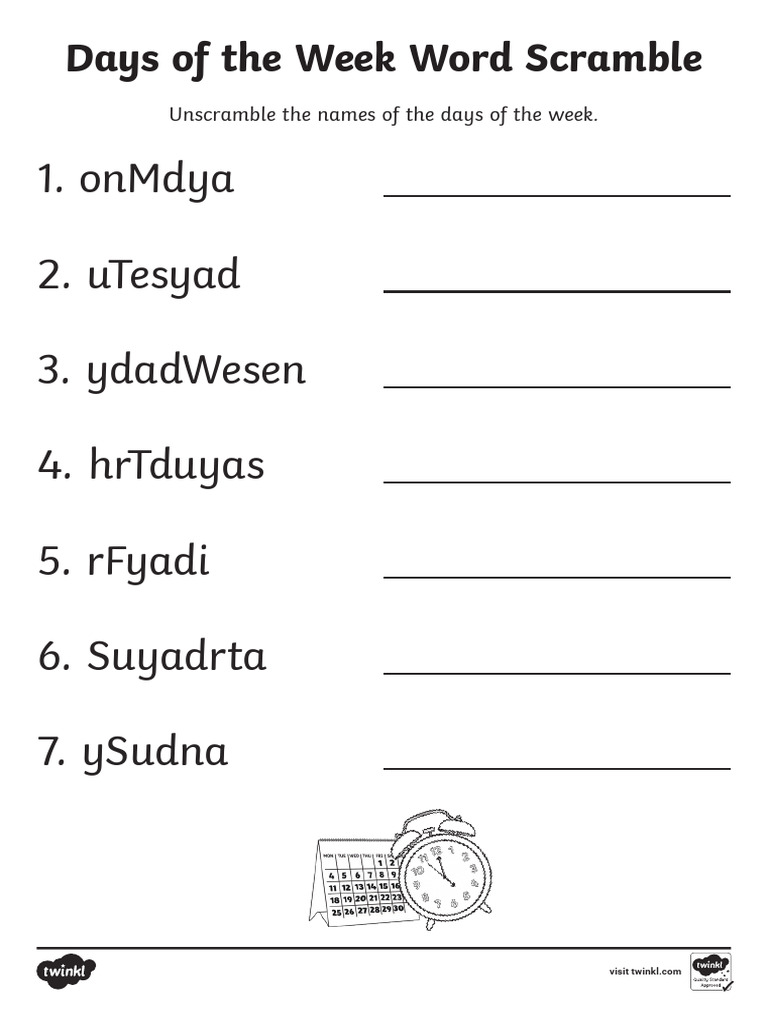 Days of The Week Word Scramble Worksheet | PDF