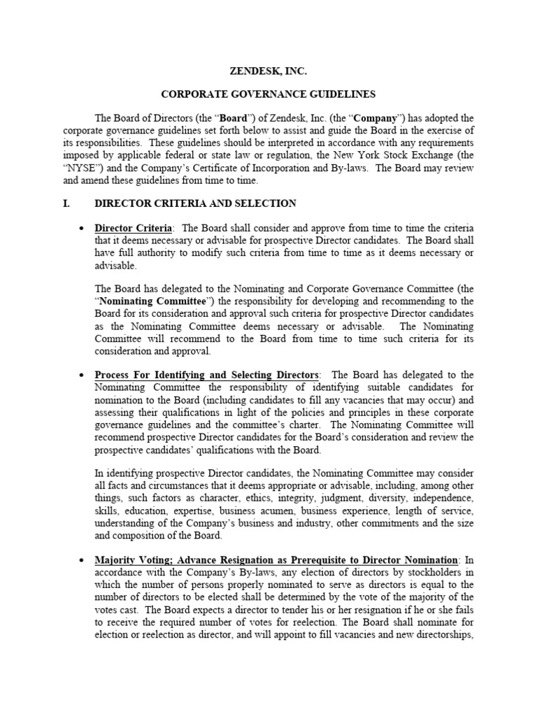 Zendesk Corporate Governance Guidelines (Revised 2.1.18) | PDF | Committee | Board Of Directors