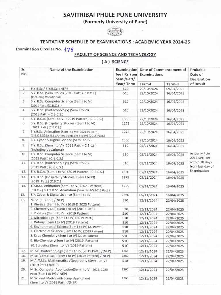 Schedule of Exams (Academic Year 2024-25) - Science & Technology ...