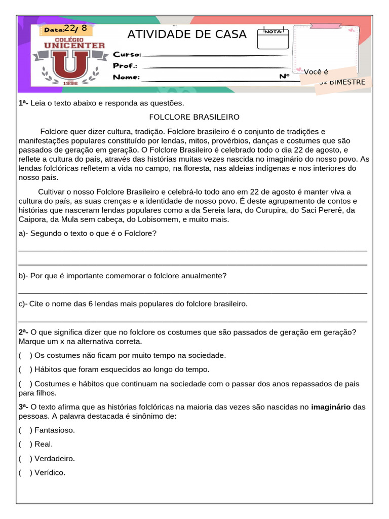 Atividade De Casa Pdf
