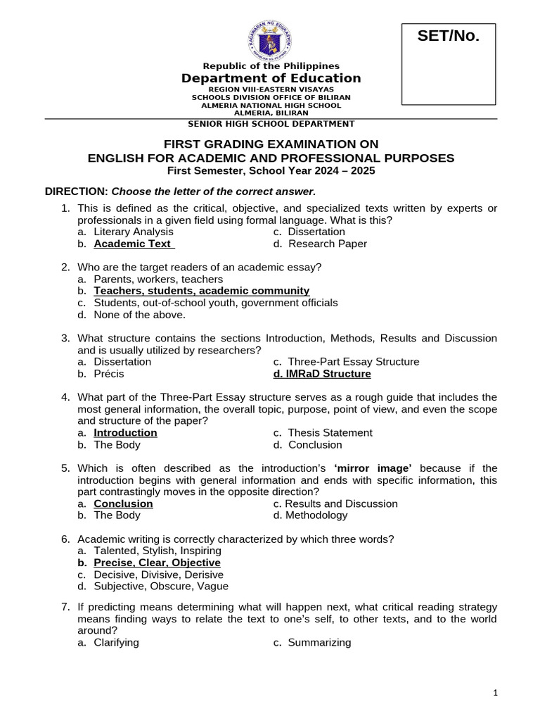 1st Grading Exam Text EAPP With Answer Key Edited 50 Items | PDF