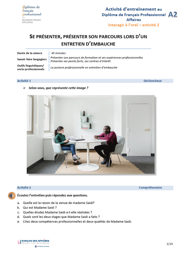 Activite Dentrainement - A2 - Se Présenter Lors Dun en - 230925 ...