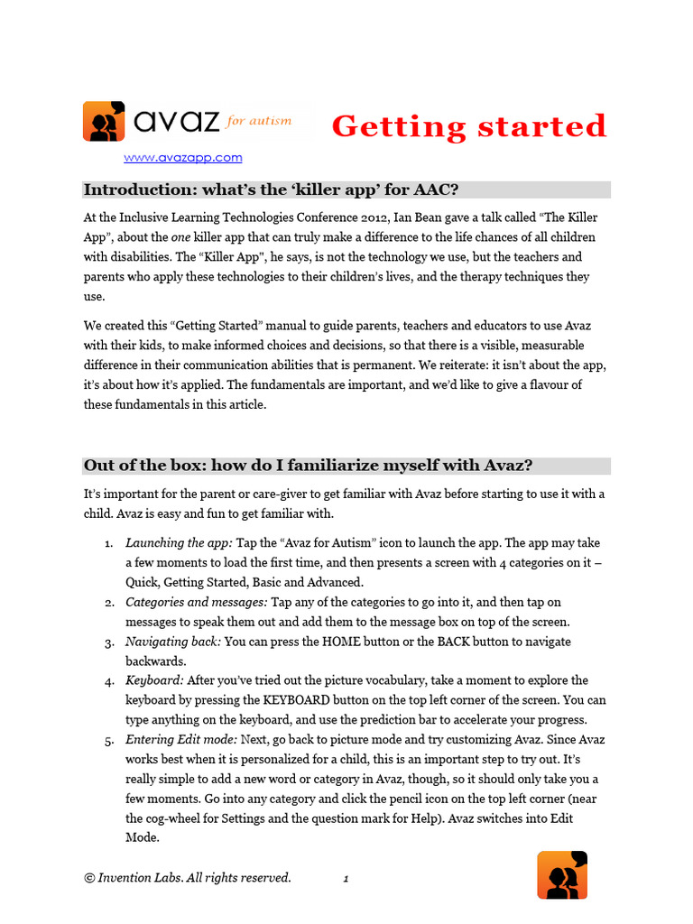 Avaz Getting Started Therapy Manual | PDF