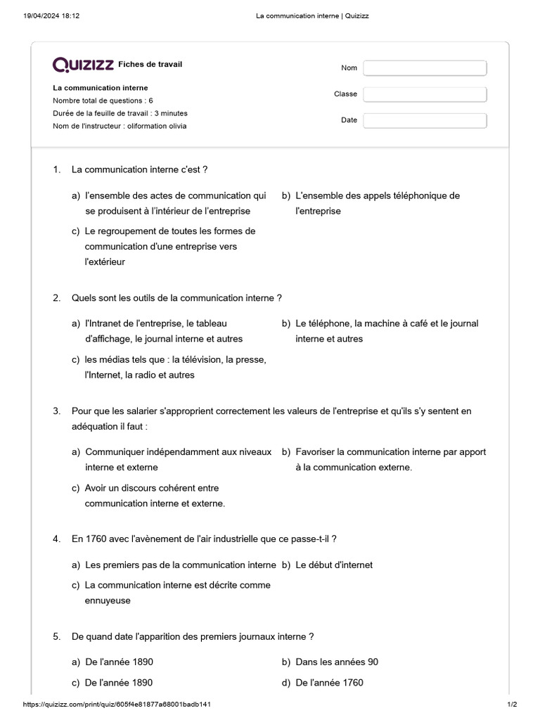 La Communication Interne2 - Quizizz | PDF
