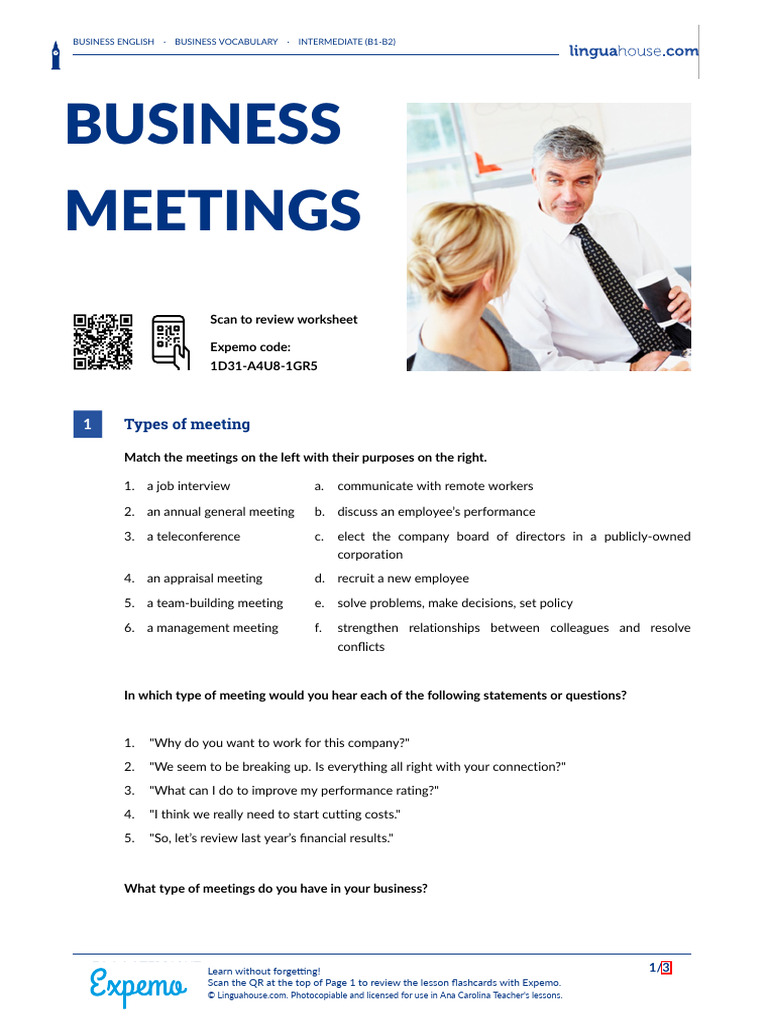 Business Meetings British English Teacher | PDF