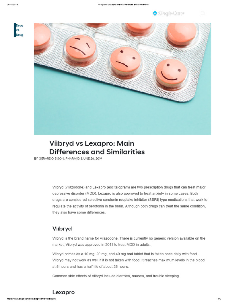 Viibryd Vs Lexapro - Main Differences and Similarities | PDF