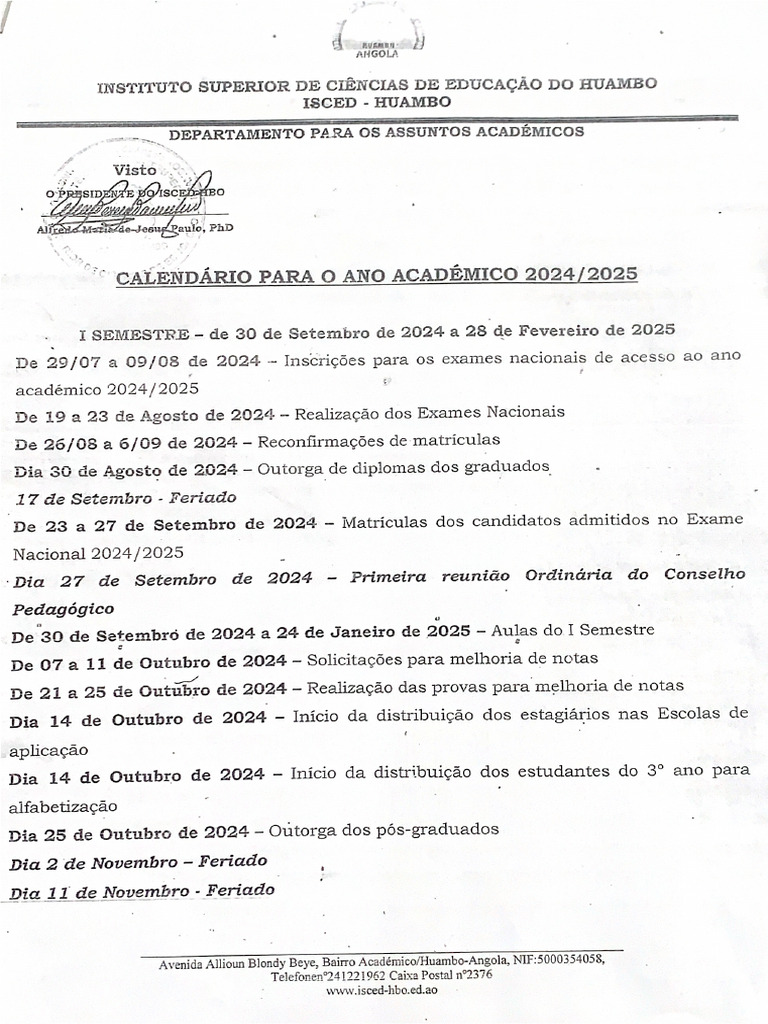 Isced Huambo - Calendário 2024) 2024 | PDF