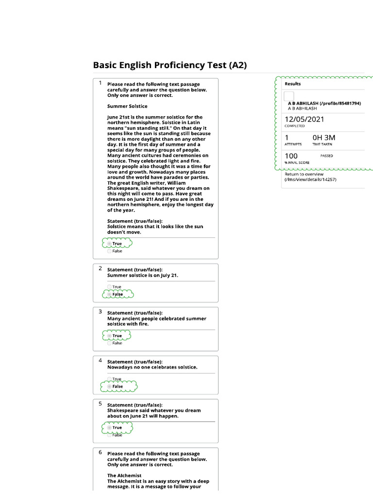 Basic English Proficiency Test (A2) | PDF
