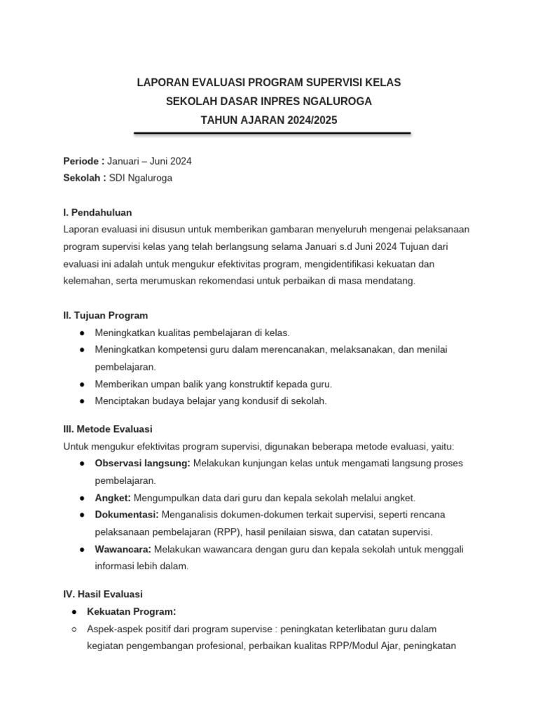 Laporan Evaluasi Program Supervisi Kelas Sdi Ngaluroga | PDF