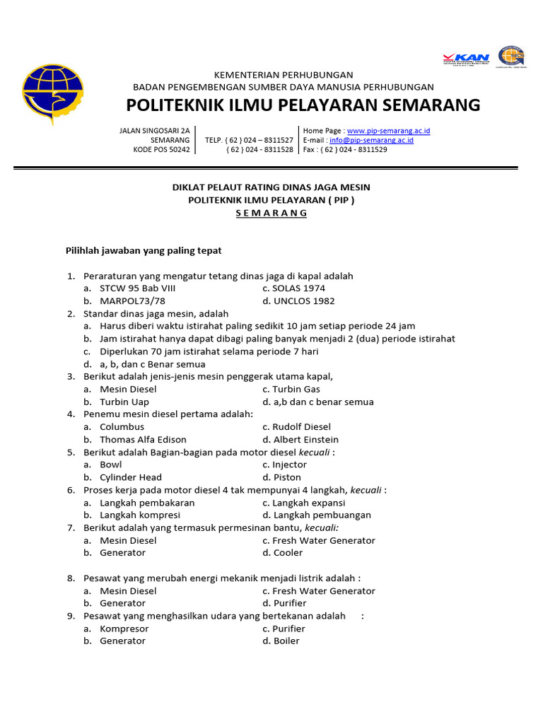 Soal Post Test Rating Mesin Peningkatan | PDF