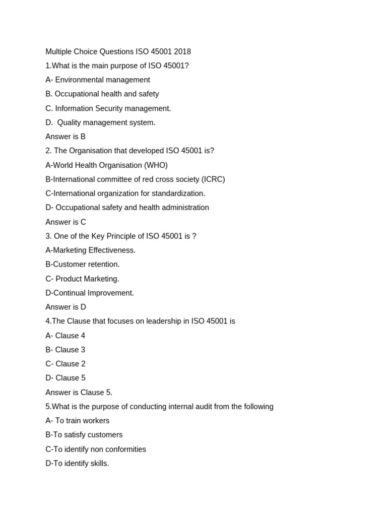 Multiple Choice Questions ISO 45001 2018 | PDF