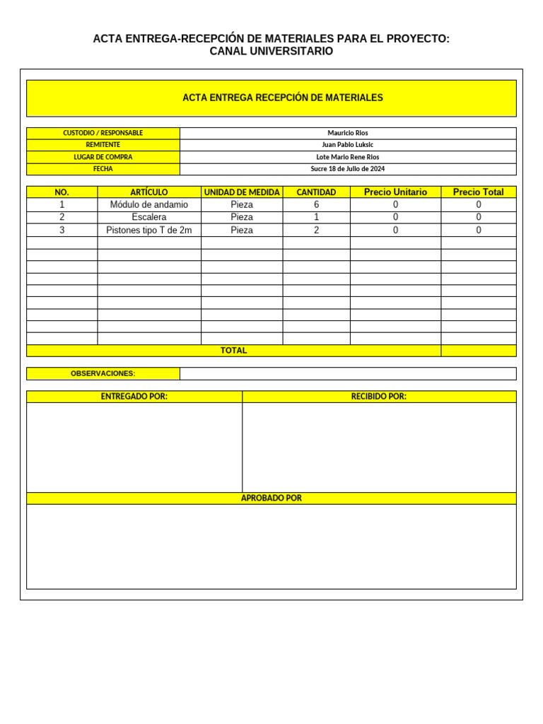 Acta Entrega Recepción de Materiales | PDF