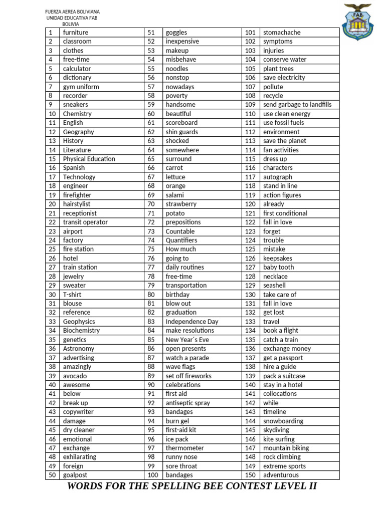 Spelling Bee Level 2 | PDF