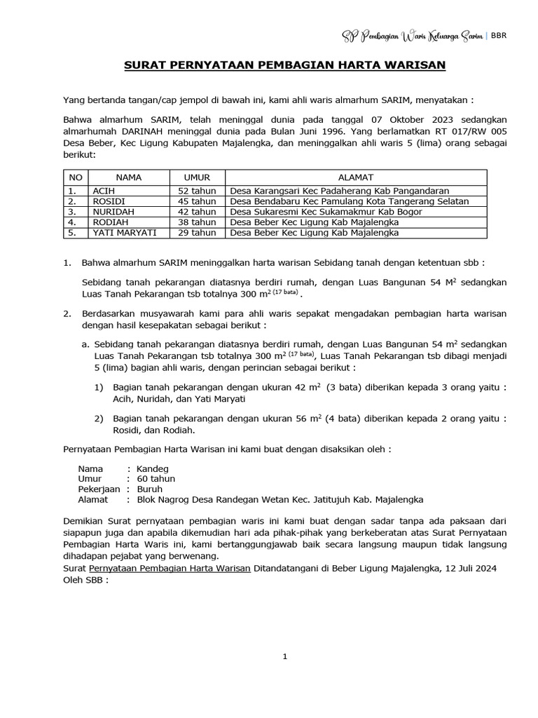 SURAT-PEMBAGIAN-WARISAN Nok Yati | PDF