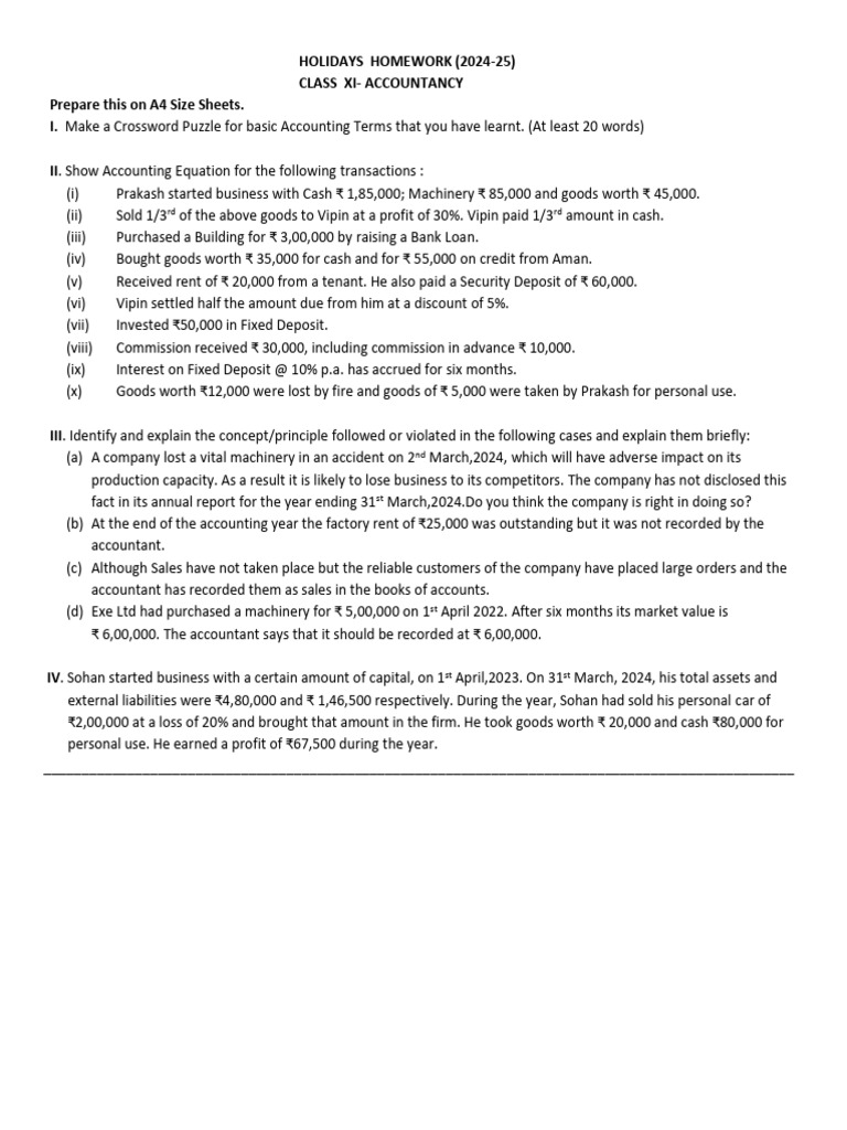 HHW, Class XI Accountancy 2024-25 | PDF