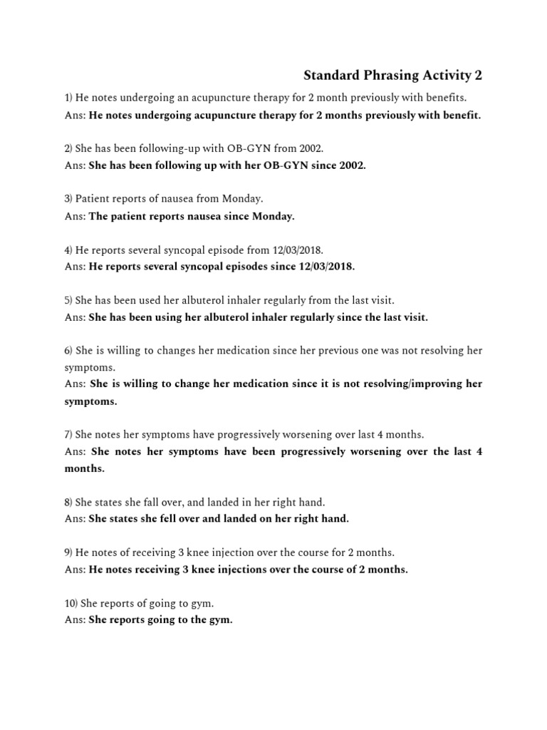 Answer Key For Standard Phrasing Activity 2 | PDF