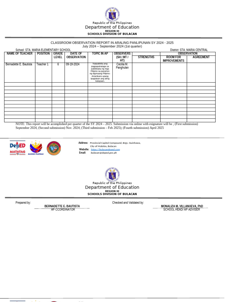 Report On Classroom Observation ARALING PANLIPUNAN TEMPLATE | PDF