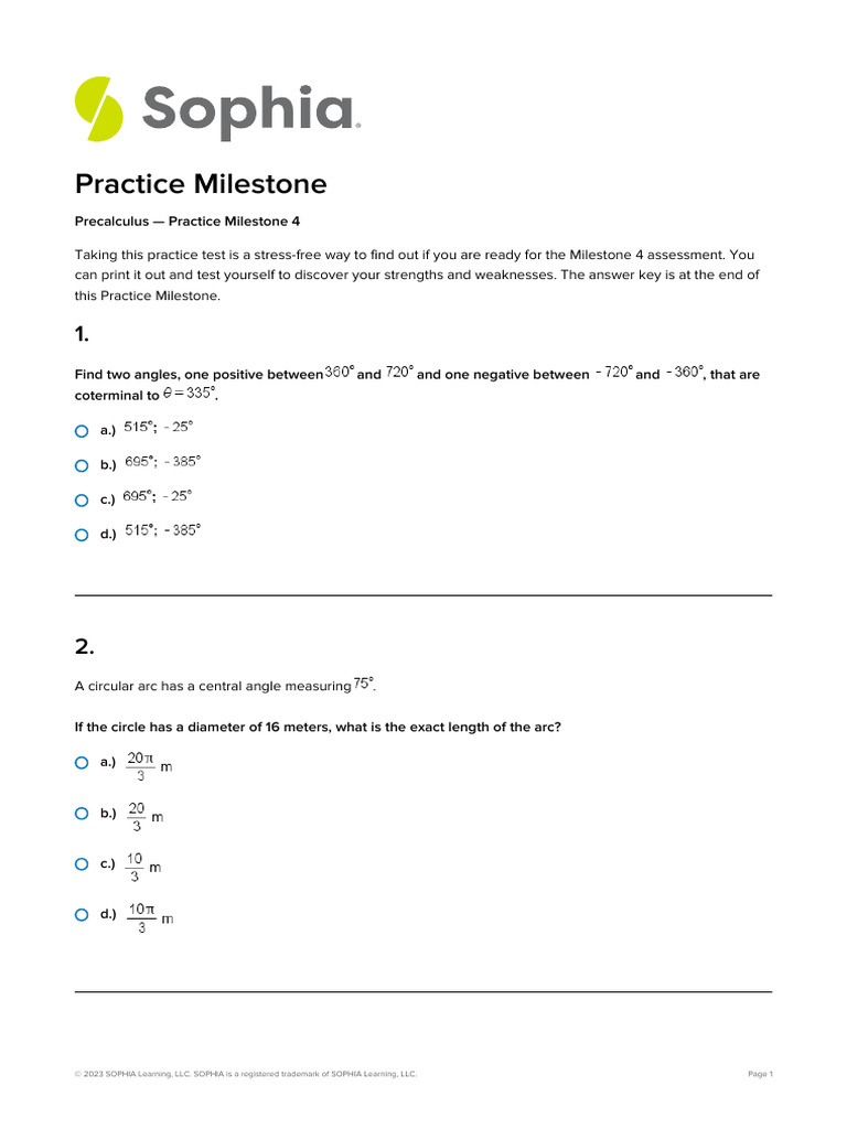 Precalculus Practice Milestone 4 Test | PDF | Trigonometric Functions ...