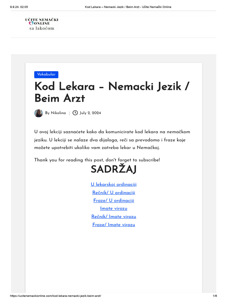 Kod Lekara - Nemacki Jezik - Beim Arzt - Učite Nemački Online | PDF
