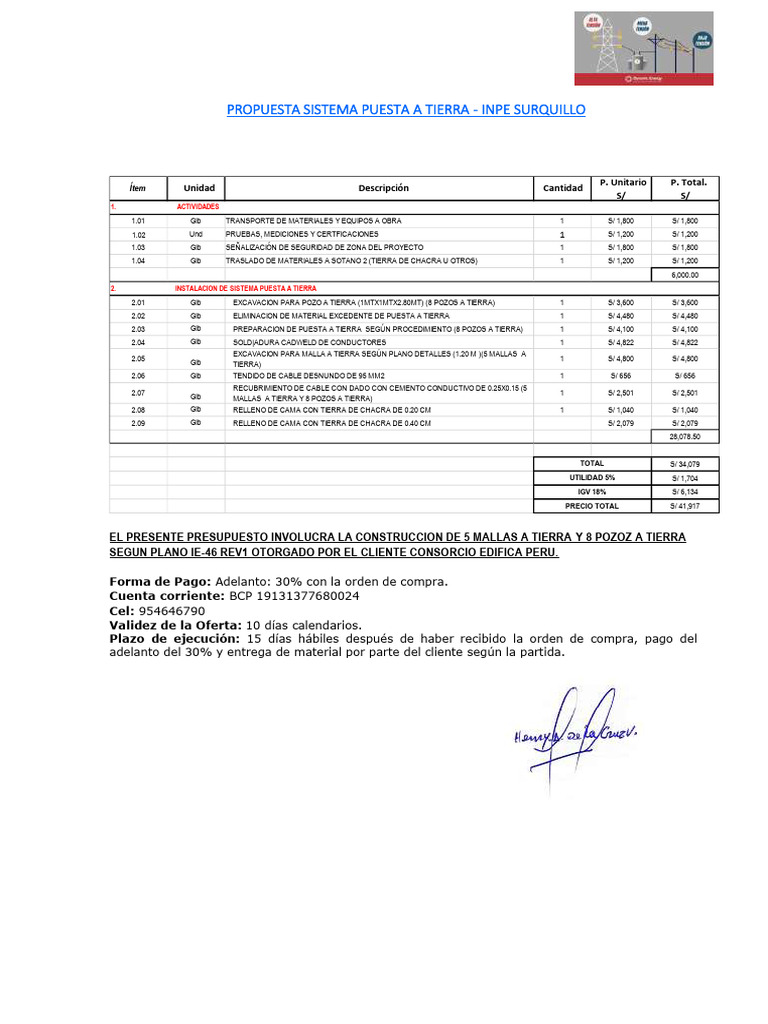 Presupuesto Sistema Puesta A Tierra (Spat) | PDF