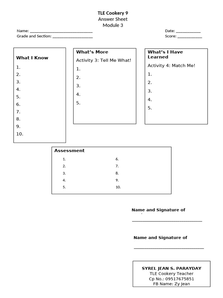 aNSWER SHEET TLE Cookery 9 M3 | PDF
