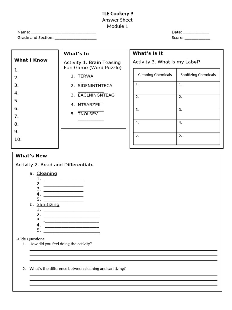 aNSWER SHEET TLE Cookery 9 M1 | PDF