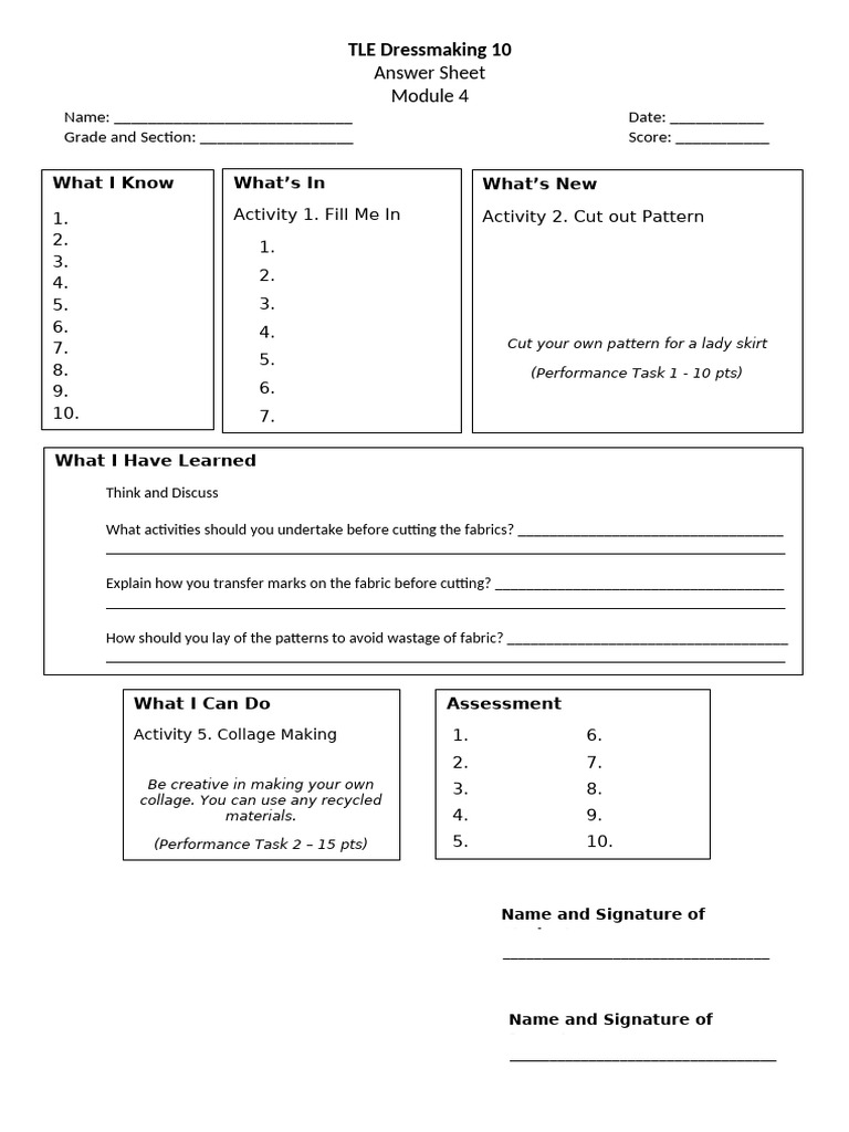 ANSWER SHEET TLE Dressmaking 10 m4 | PDF
