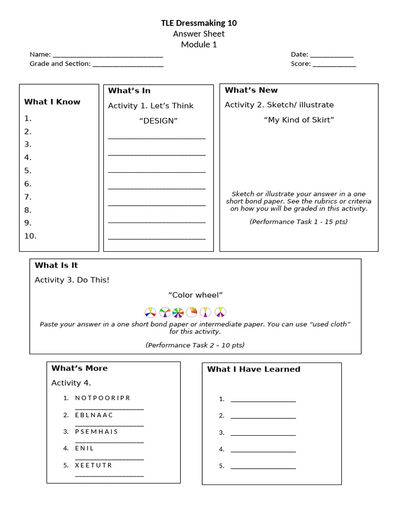 ANSWER SHEET TLE Dressmaking 10 m1 | PDF