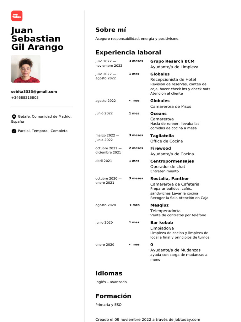 CV JOB TODAY de Juan Sebastian Gil Arango | PDF