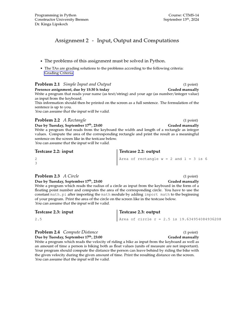 Assignment 2 - Input, Output and Computations: The Problems of This Assignment Must Be Solved in ...