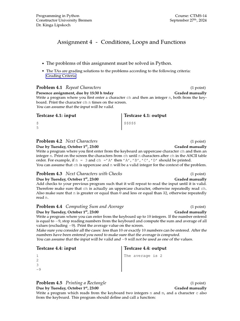 Assignment 4 - Conditions, Loops and Functions: The Problems of This Assignment Must Be Solved ...