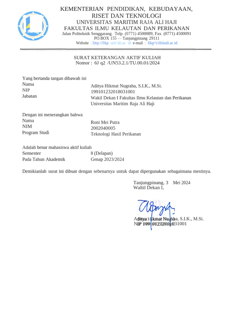 Surat Keterangan Aktif Kuliah Roni Mei Putra | PDF