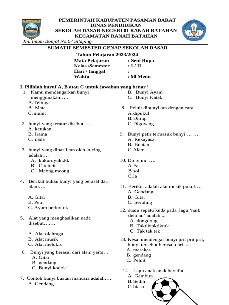 Soal SUMATIF SEM2 Seni Budaya 2024 | PDF